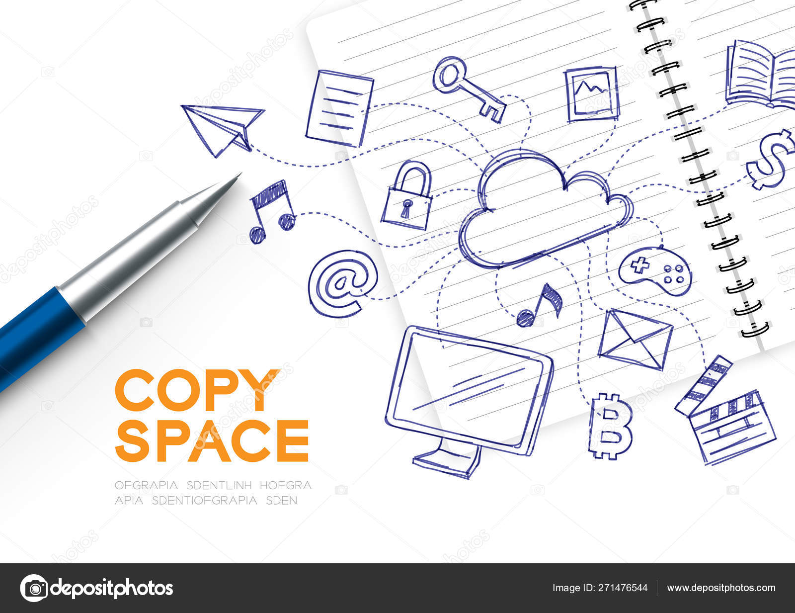 Notebook with kid hand drawing set, Cloud connect technology concept ...