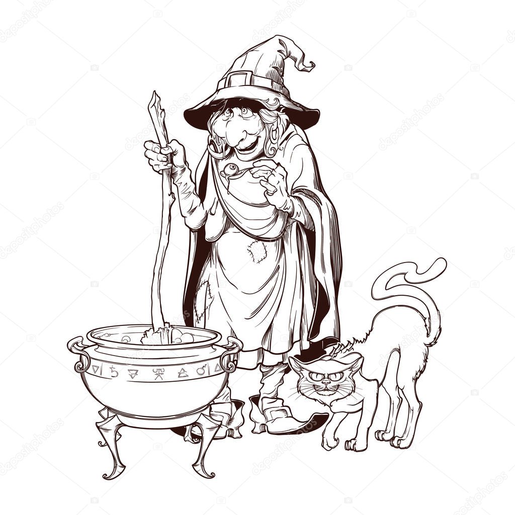 Vieja bruja en un sombrero de cono con su gato negro preparando una poción mágica en un caldero ...