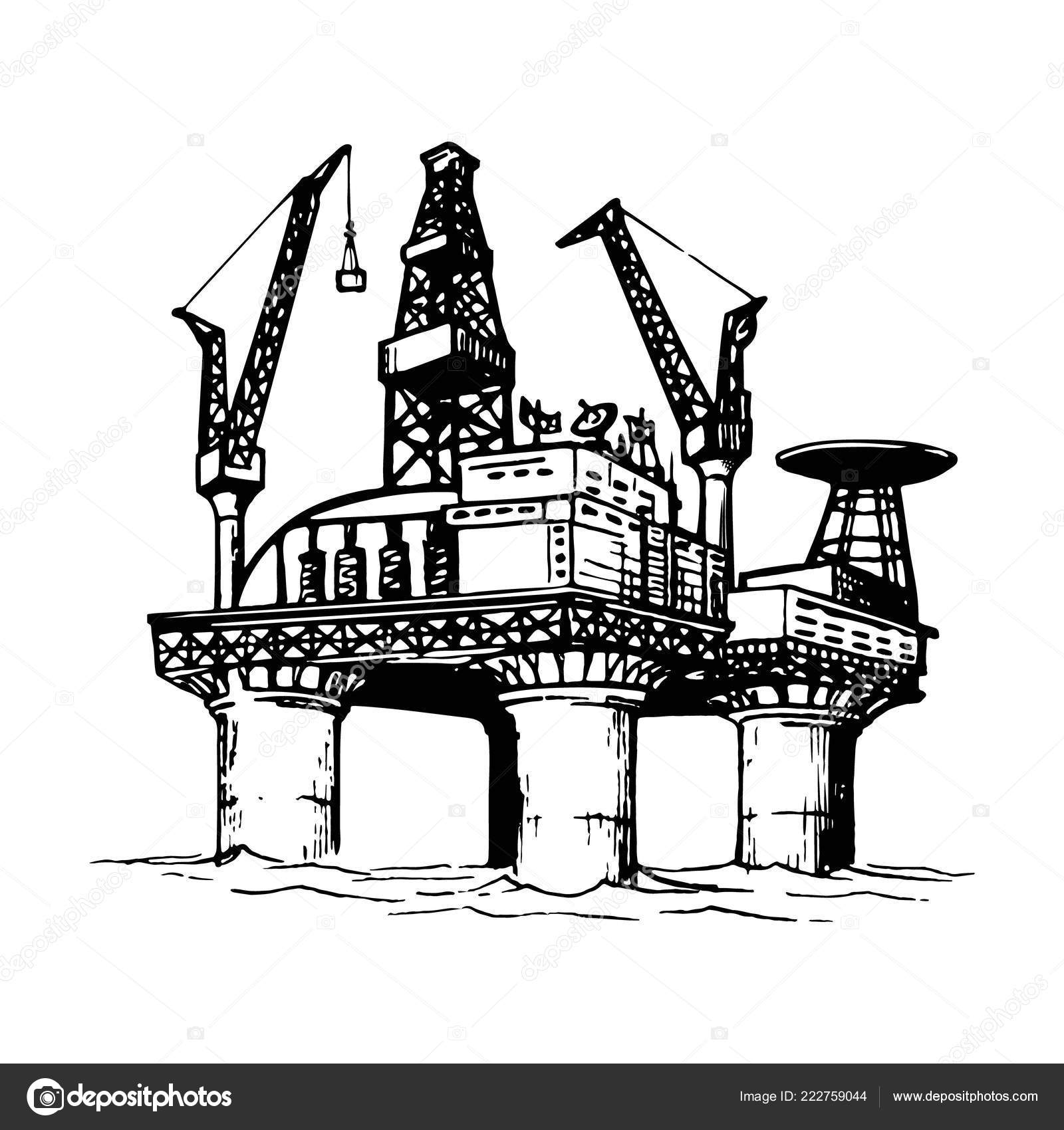 Oil rig drawing | Offshore oil drilling platform. Sketch style drawing ...
