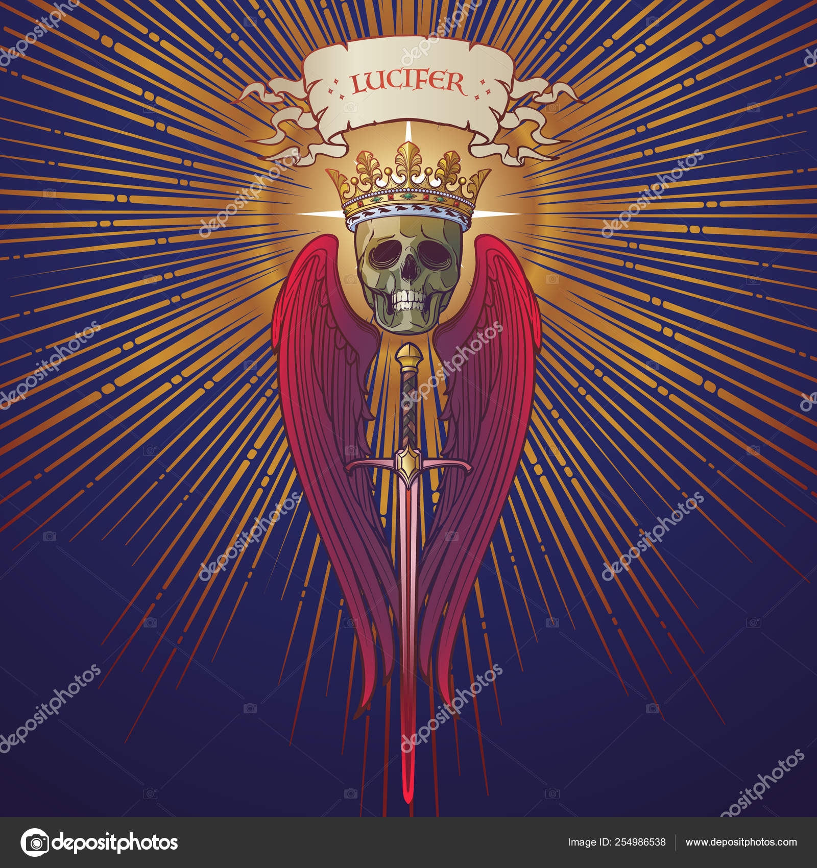 Lucifer the follen angel on a golden triangle with light beams ...