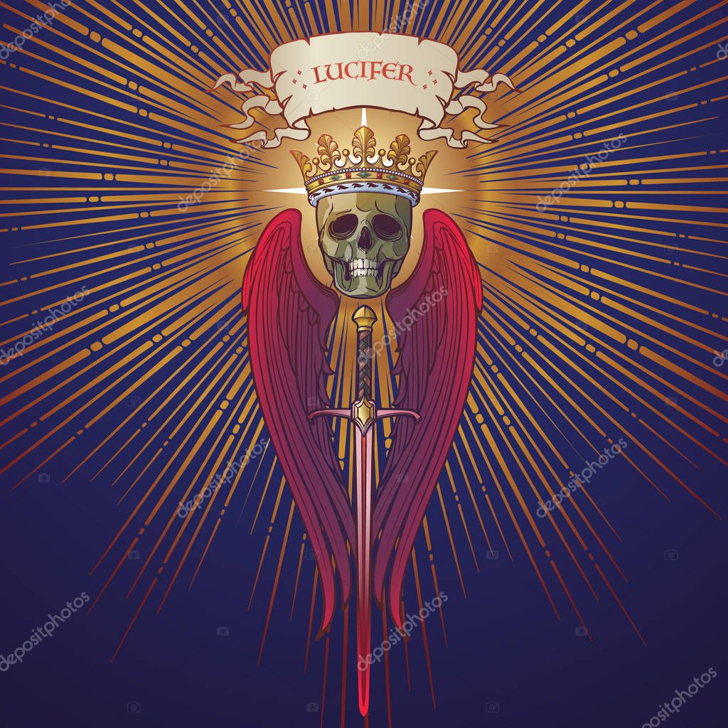 Lucifer el ángel follen en un triángulo dorado con los haces de luz que ...