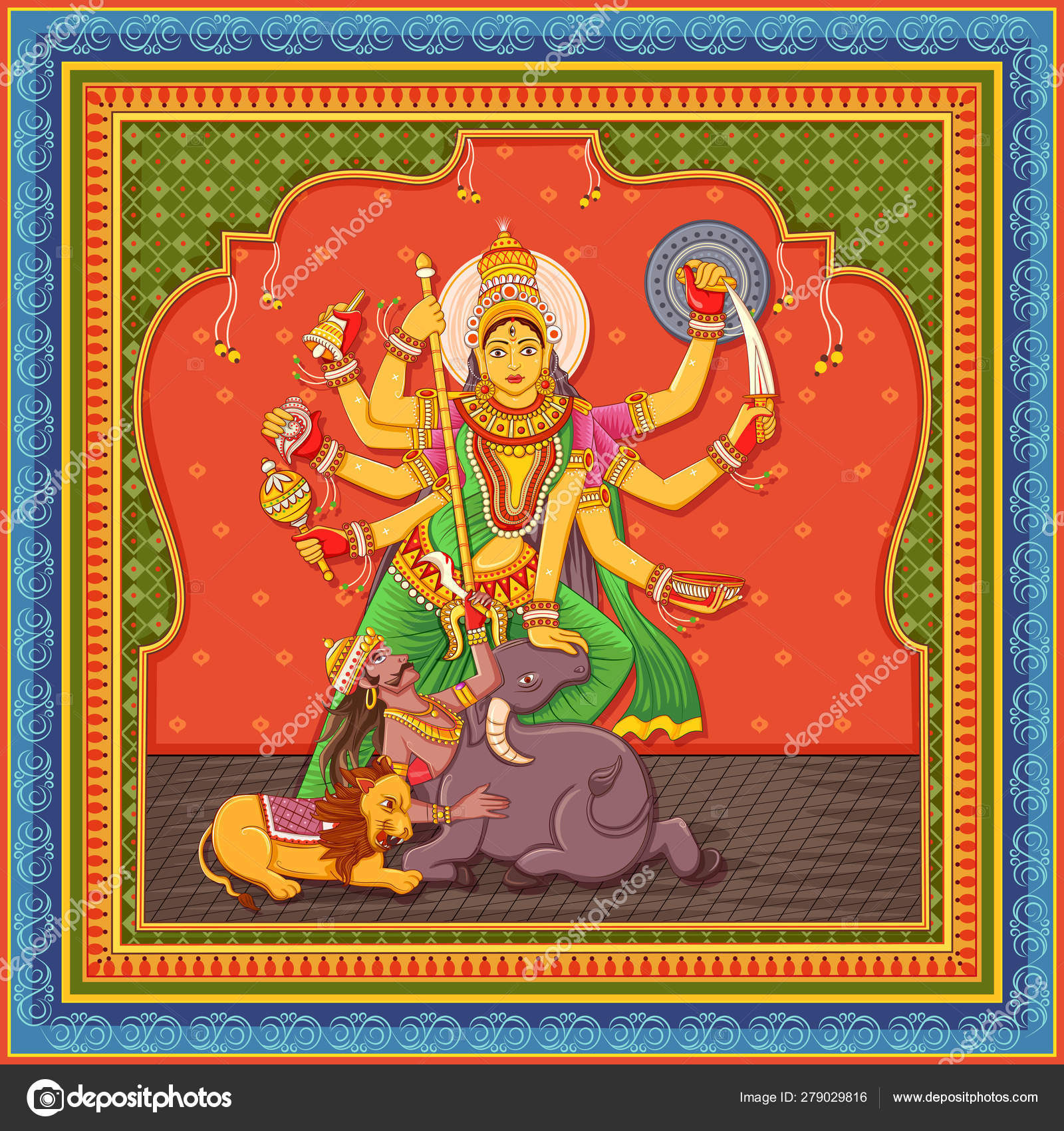 Socha Indické bohyně Durgy se starobyánským květinovým pozadím Stock ...