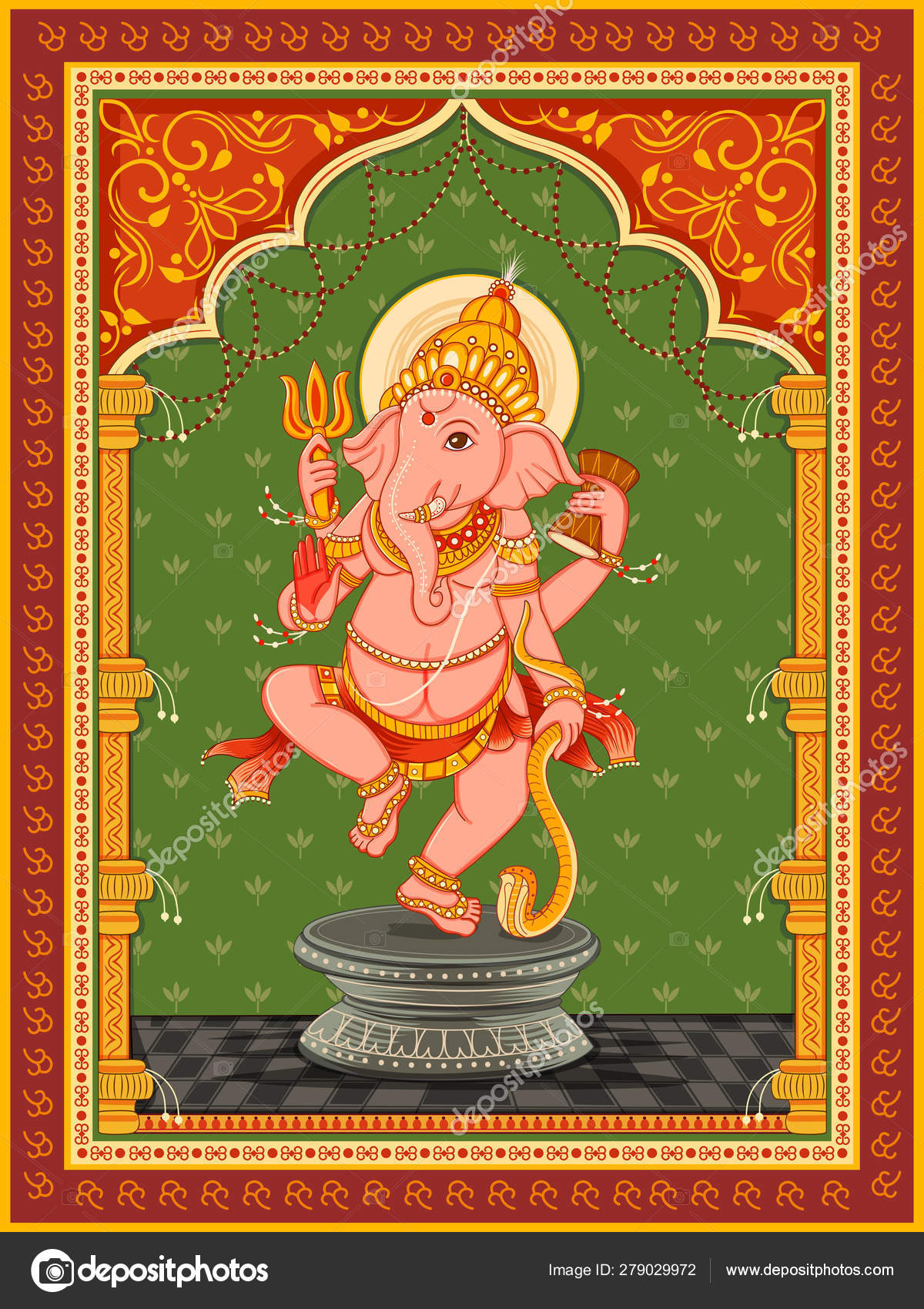 Estatua del Señor indio Ganesha con fondo de marco floral vintage ...