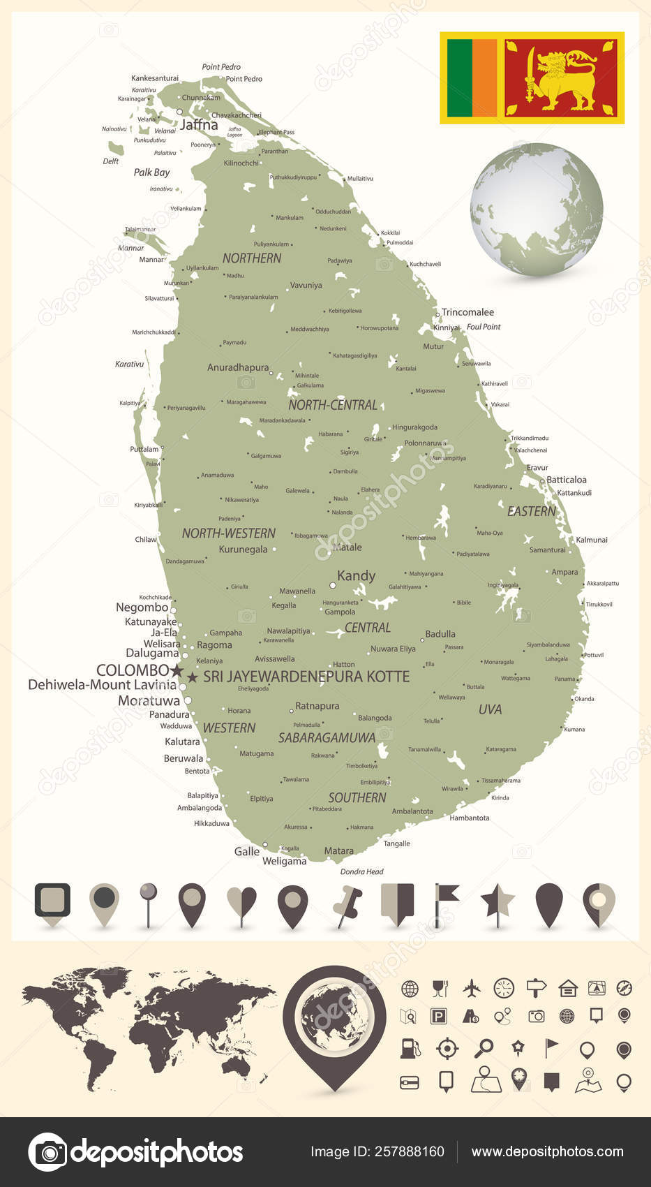 斯里兰卡 详细地图和世界地图与导航图标图库矢量图作者：© Cartarium 257888160