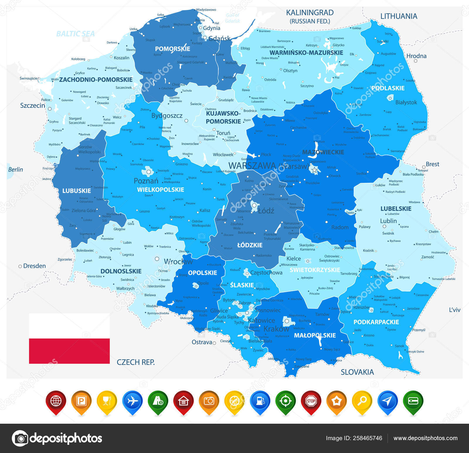 Poland Administrative Map Blue Colors and Colored Map Icons — Stock ...