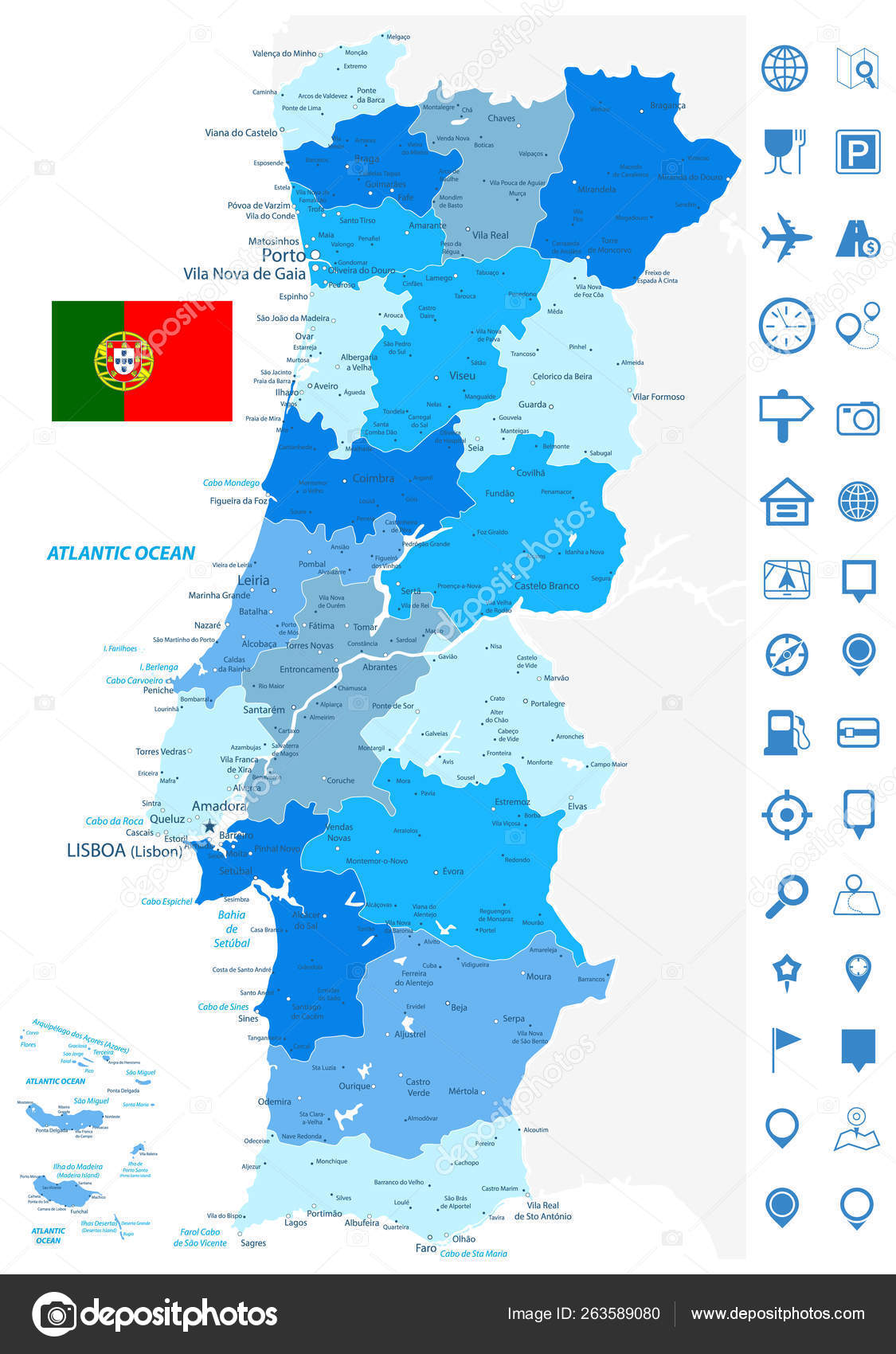 Portugal Map Blue Colors and Navigation Map Icons Stock Vector Image by ...