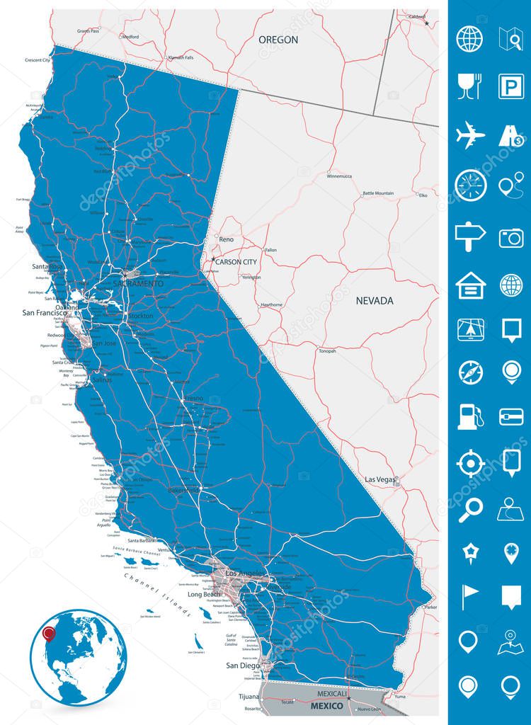 El mapa del estado de California y sus carreteras Vector de stock por ©Cartarium 264611280