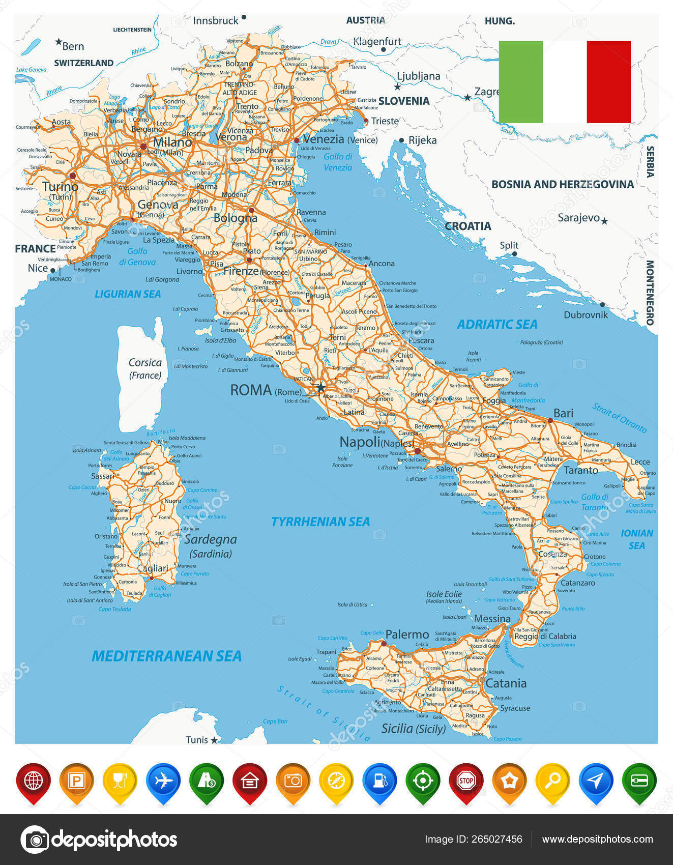 Italy Road Map and Colored Map Pointers ⬇ Vector Image by © Cartarium ...