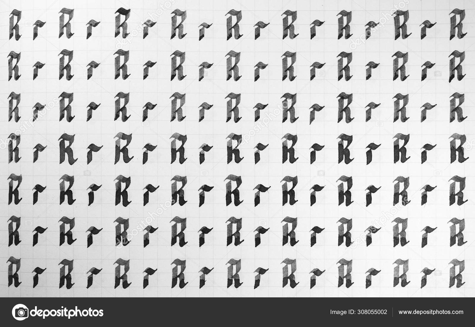 Calligraphy black and white letters R background. Lettering practice ...