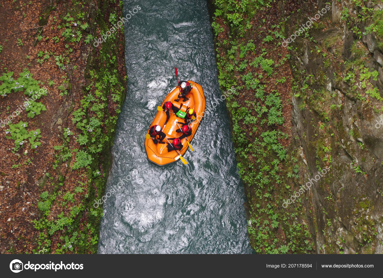 White Water Raftingan Orange Canoe Six People Goes Rapids — Stock Photo ...