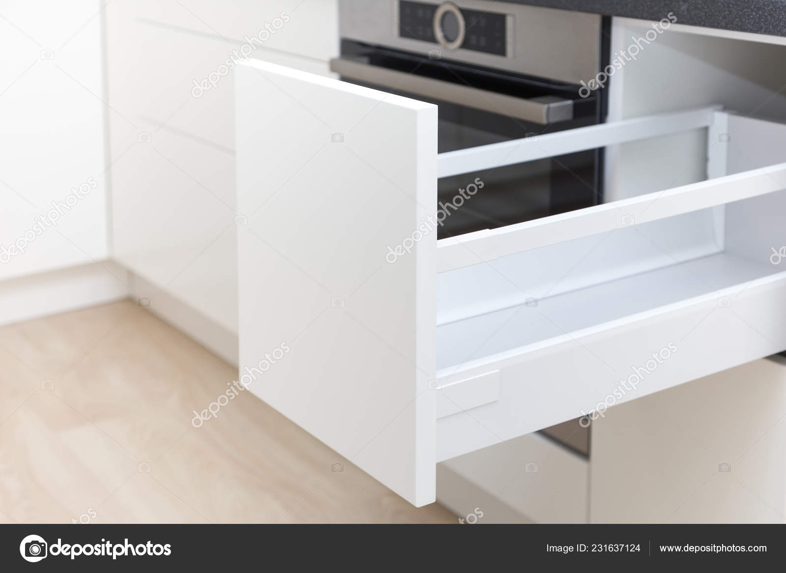 Opened White Drawer Kitchen Cabinet Handleless Front Tip Open System ...