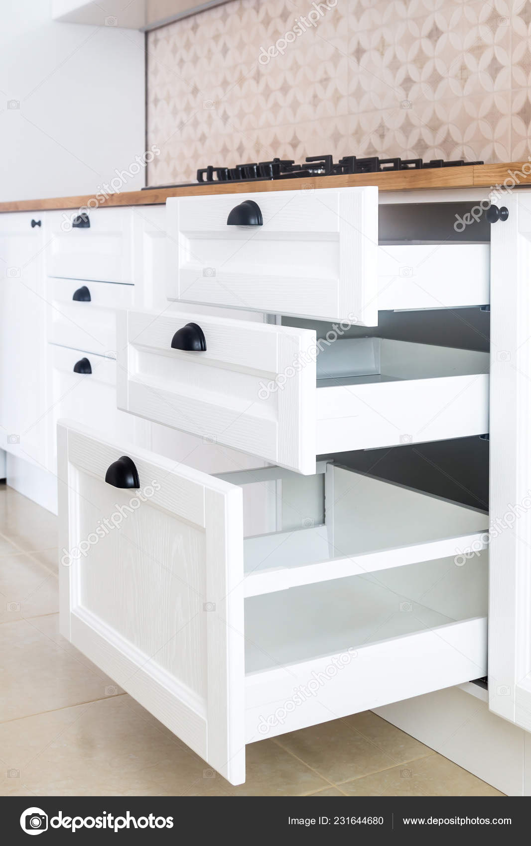 Opened Kitchen Drawers Kitchen Traditional Style Wooden White Facade ...