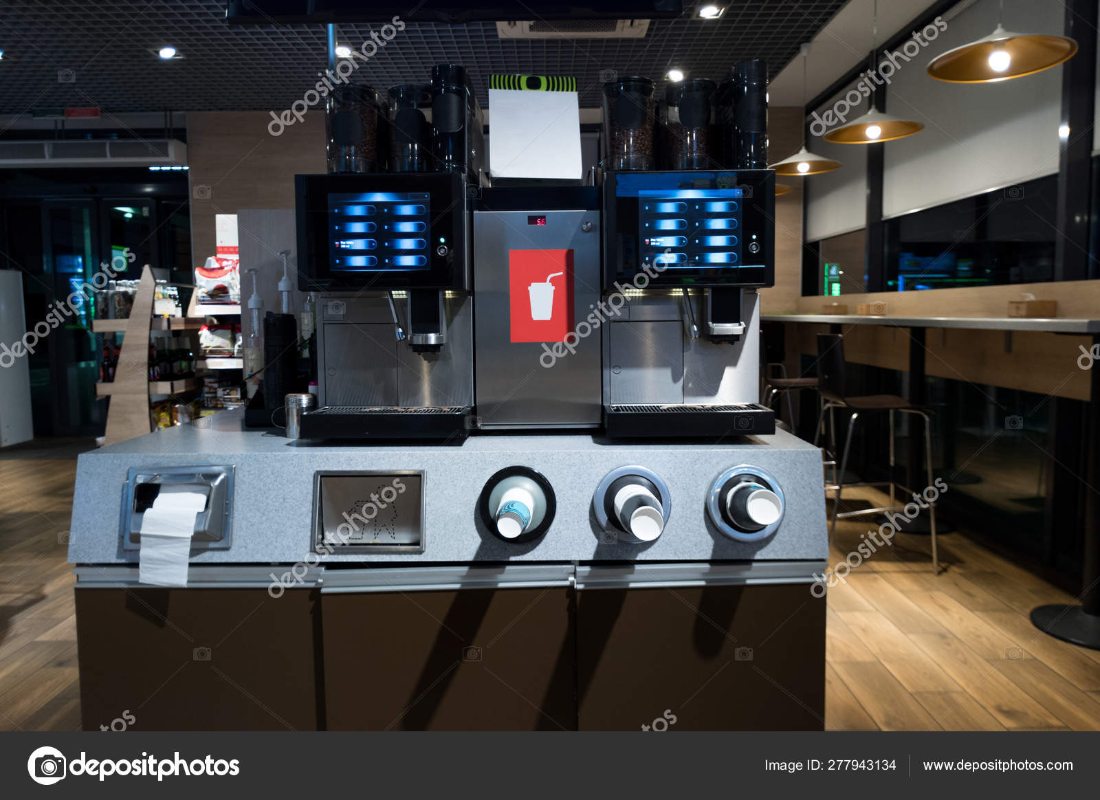 Large coffee machine. Coffee machine in the store. Coffee machine at ...