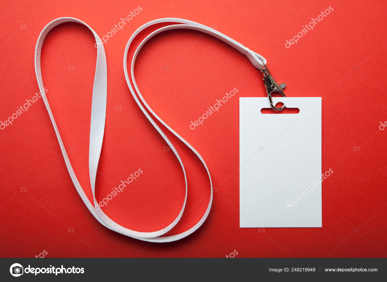 Blank white vertical badge mockup, isolated on red background. N ...