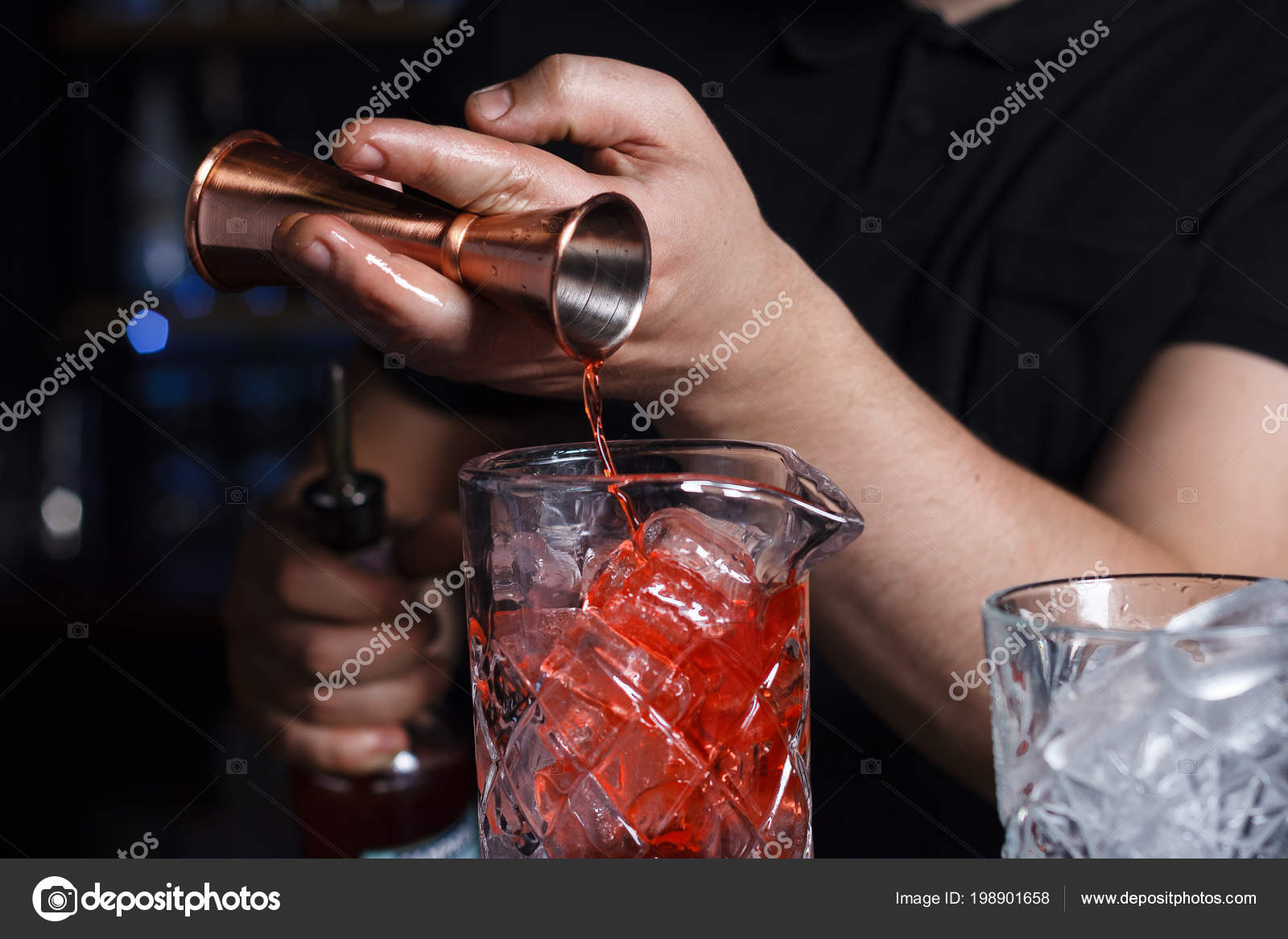 Bartender Mixologist Pouring Alcohol Jigger Measuring Glass Ice Close ...