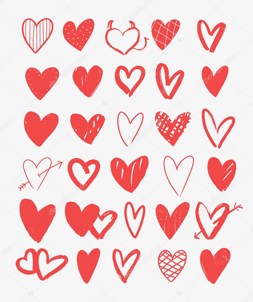 Set de 30 corazones simples vectoriales dibujados a mano. Elementos ...