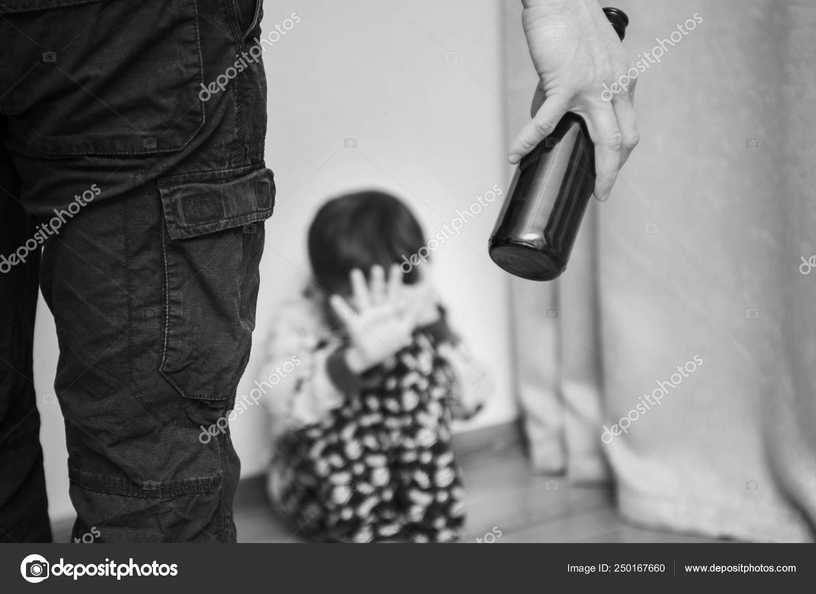Drunk parent and little scared son. Violence against children concept ...