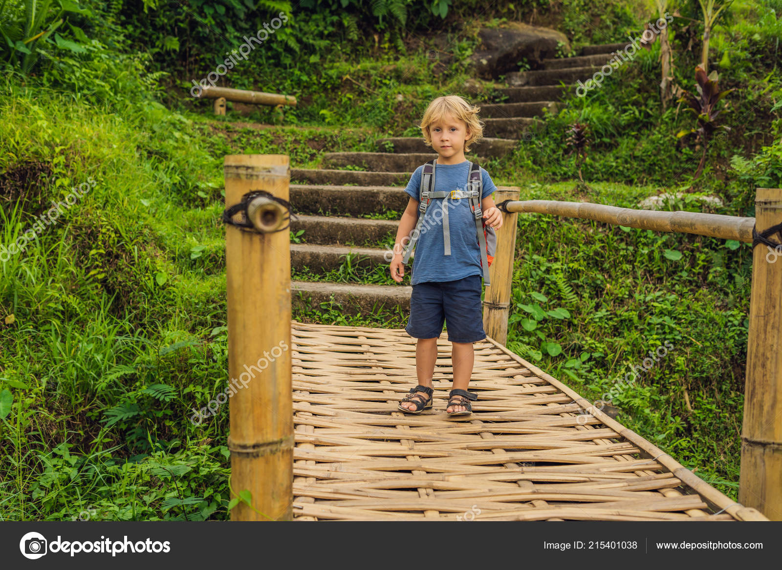 Boy Walking Woven Bamboo Bridge Bali Island — Stock Photo © galitskaya ...