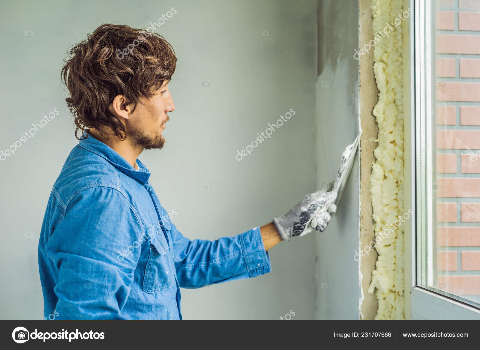 Young Master Applying White Putty Wall Smearing Putty Knife Room ...