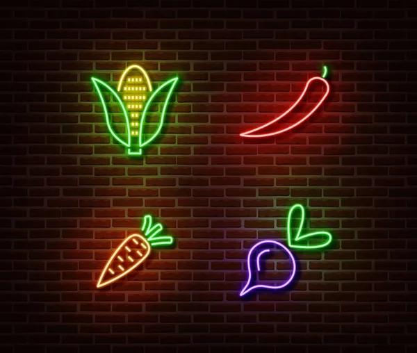 Neon vegetables fruits signs vector isolated on brick wall. Ripe plums ...