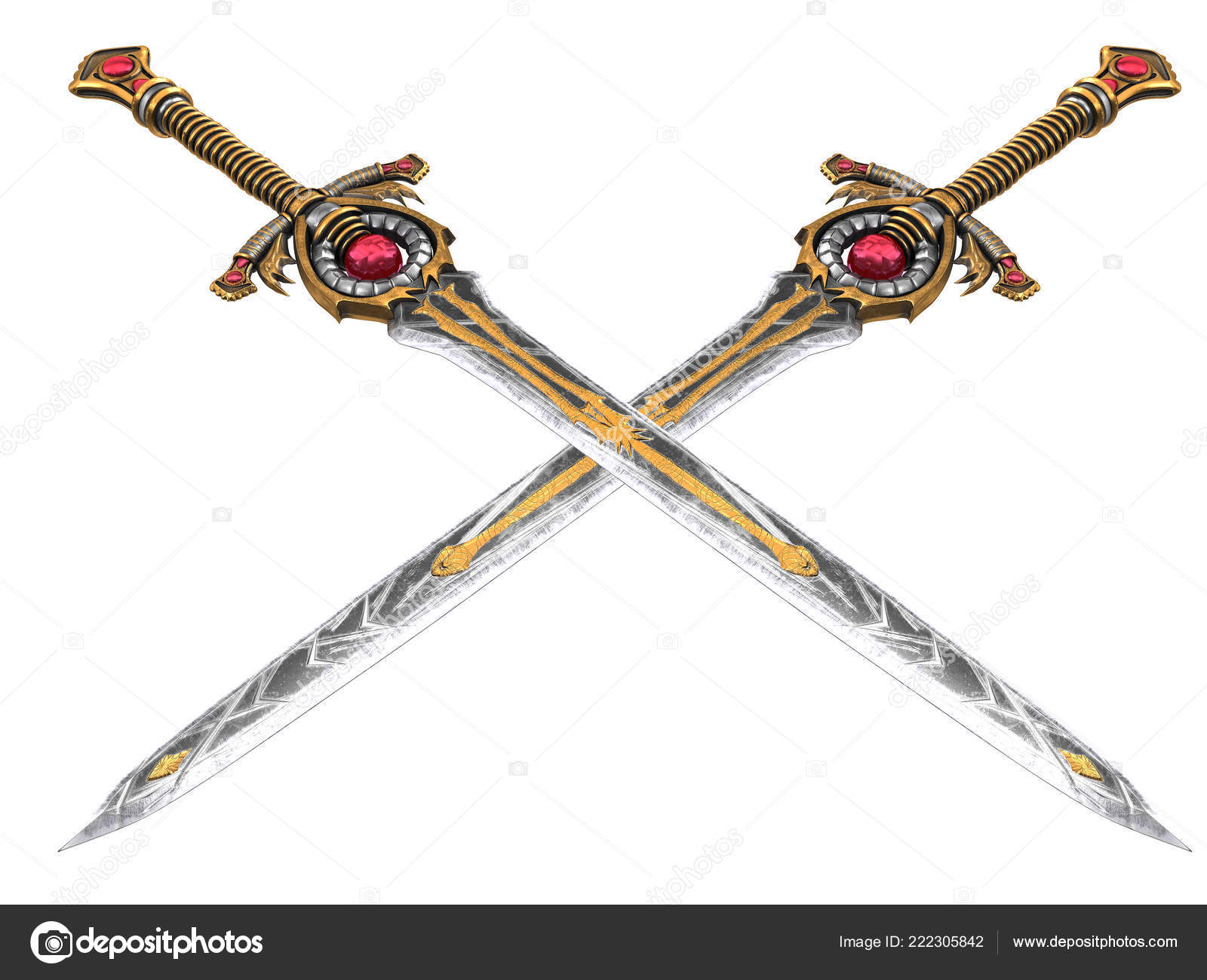 Long fantasy sword with red stone on an isolated background. 3d ...