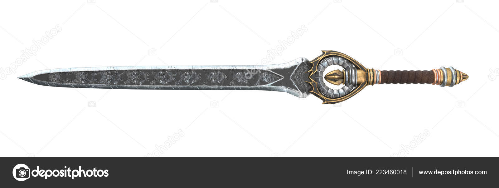 Fantasy long sword with patterns and leather on the handle on an ...