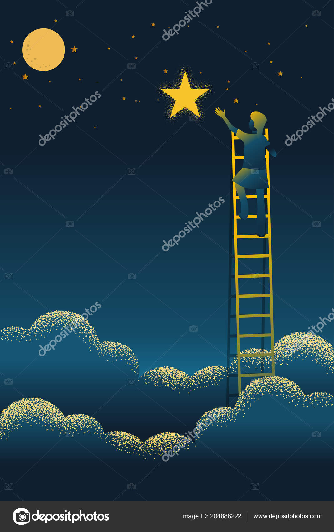 Woman Ladder Reaching Reaching Star Night Scene Beautiful Vertical ...