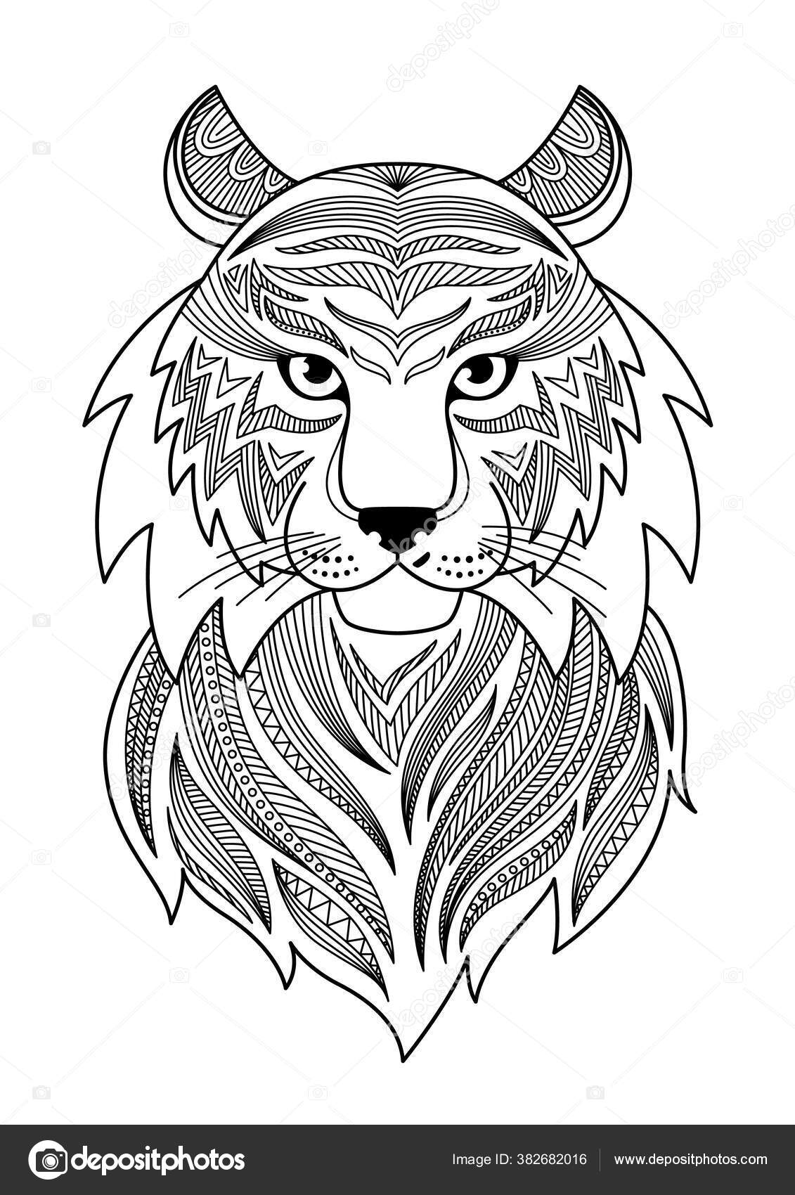 Tiger Doodle Coloring Book Page Antistress Adult Zentangle Style ...