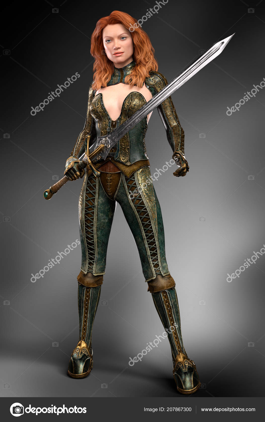 Beautiful Redhead Cgi Warrior Swords Woman Wearing Fantasy Style ...