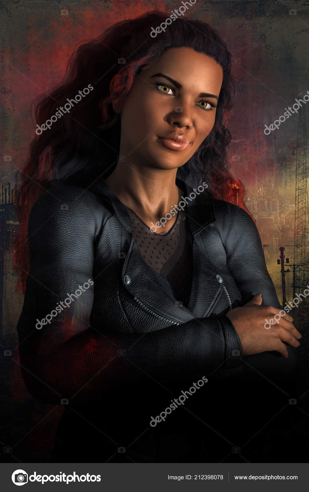 Beautiful Young Cgi Woman Dressed Black Leather Long Dark Hair Stock ...