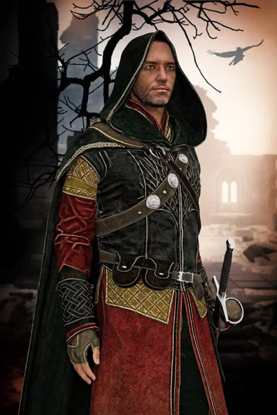 Digital Rear View Rendering Cloaked Fantasy Medieval Ranger Nobleman ...