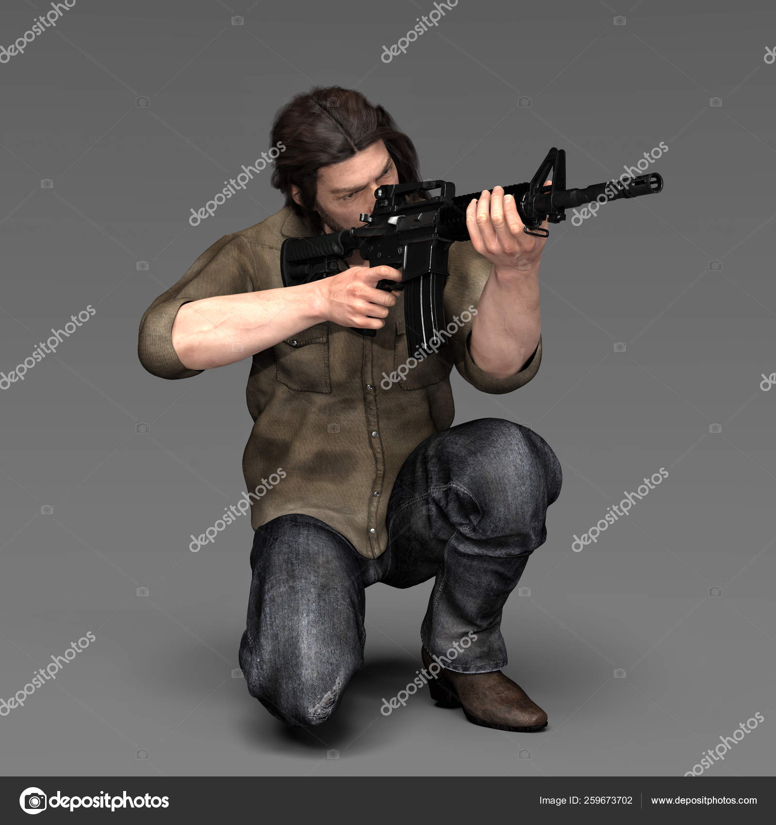 Rendering of a man kneeling down with a rifle ready to fire — Stock ...