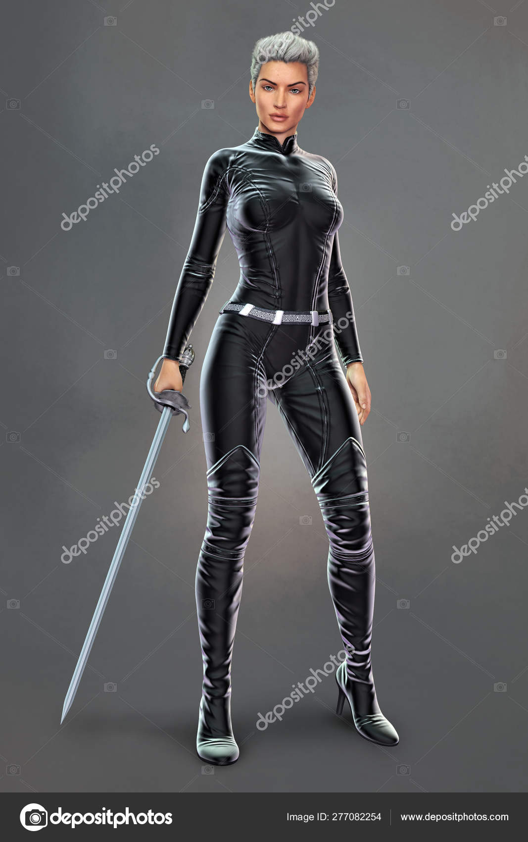 Full length portrait of a woman in a black bodysuit holding a sword ...