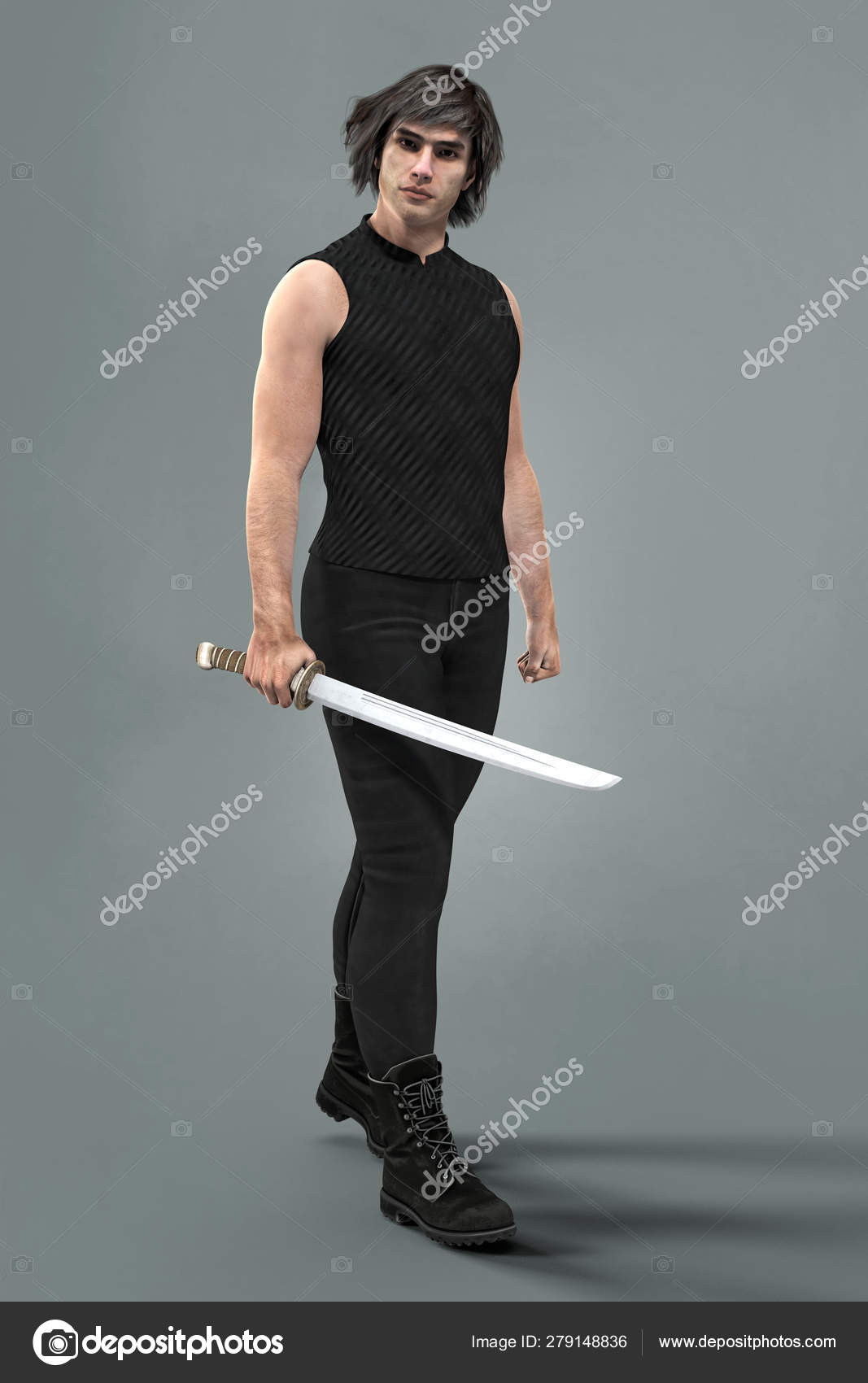 Handsome man wearing black and holding a sword looking towards the ...