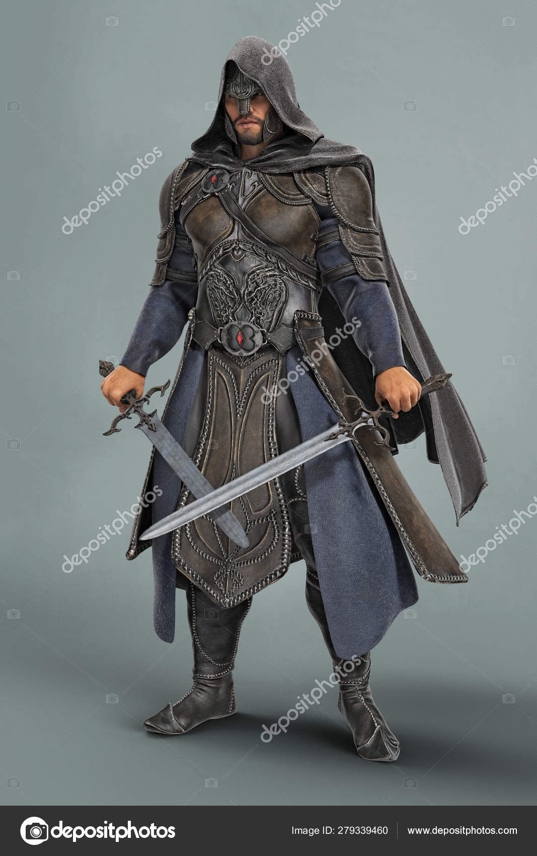 Rendering of a fantasy medieval knight in armor with crossed swords ⬇ ...