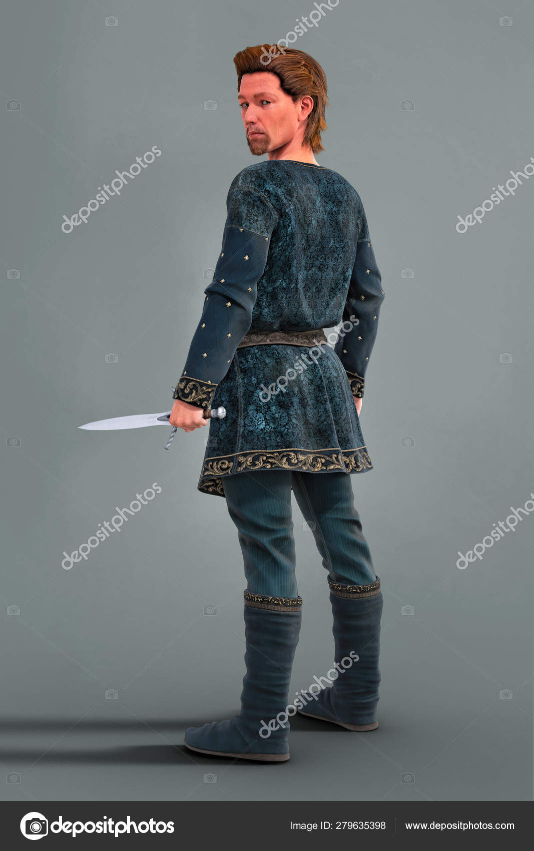 Rear View render of a mature male character in medieval fantasy ...
