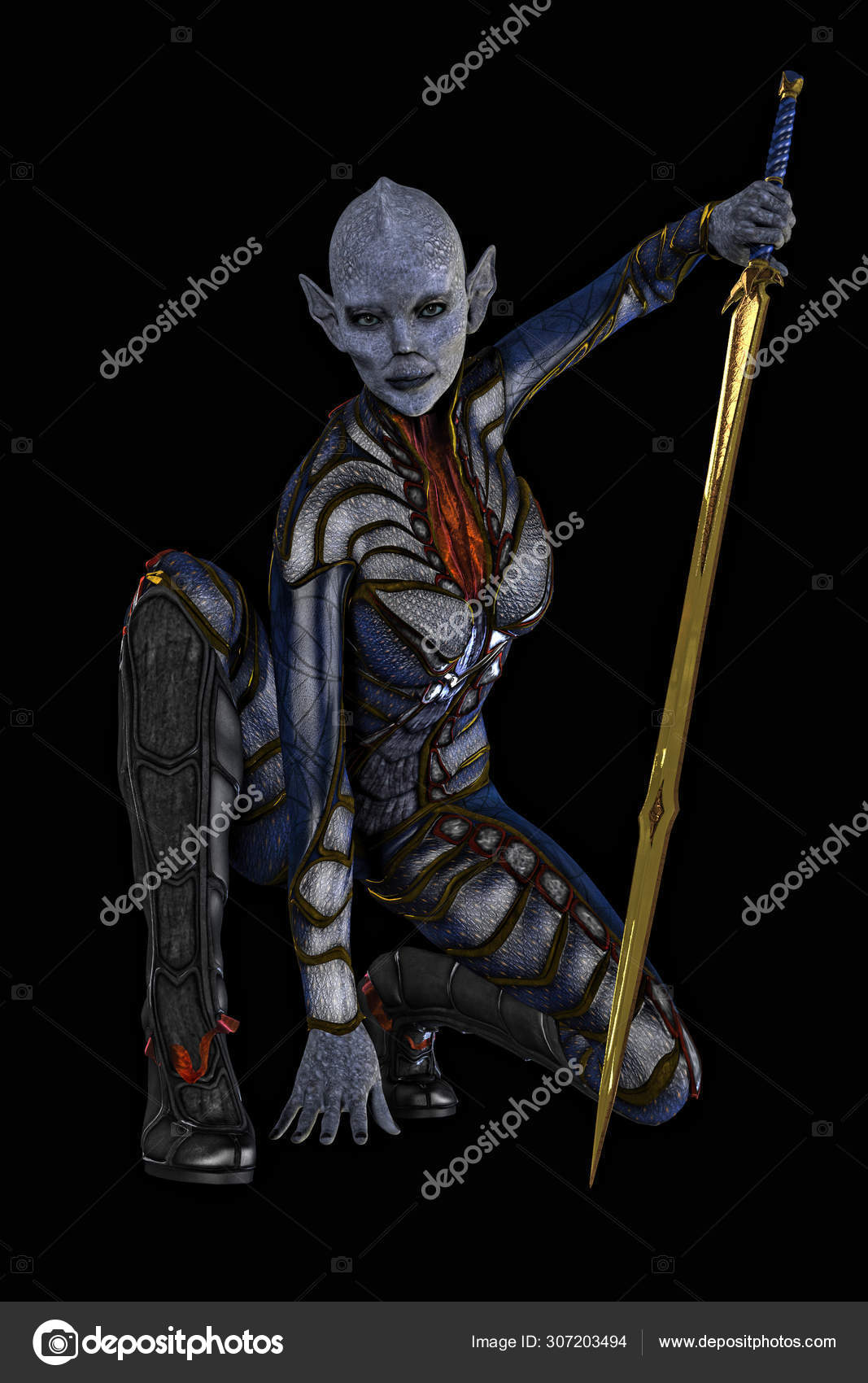 Attractive 3D Alien Woman Kneeling with A Sword — Stock Photo ...