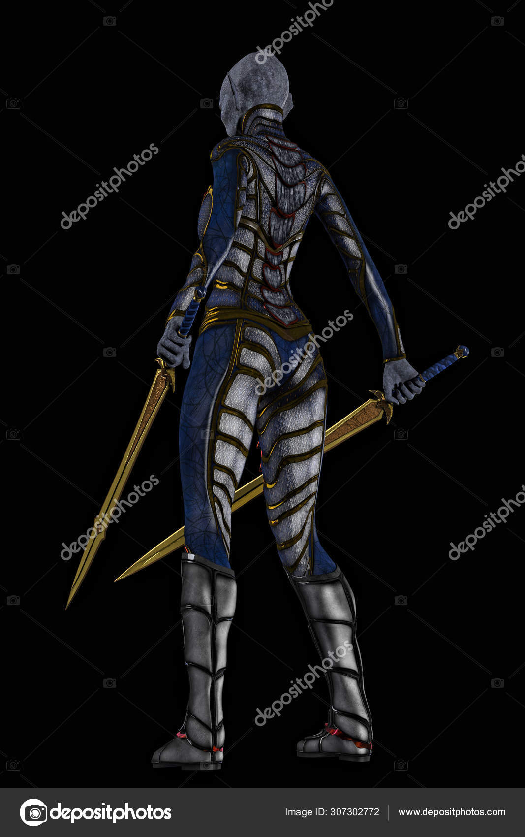 Render of an alien woman turned away from the camera and holding two ...