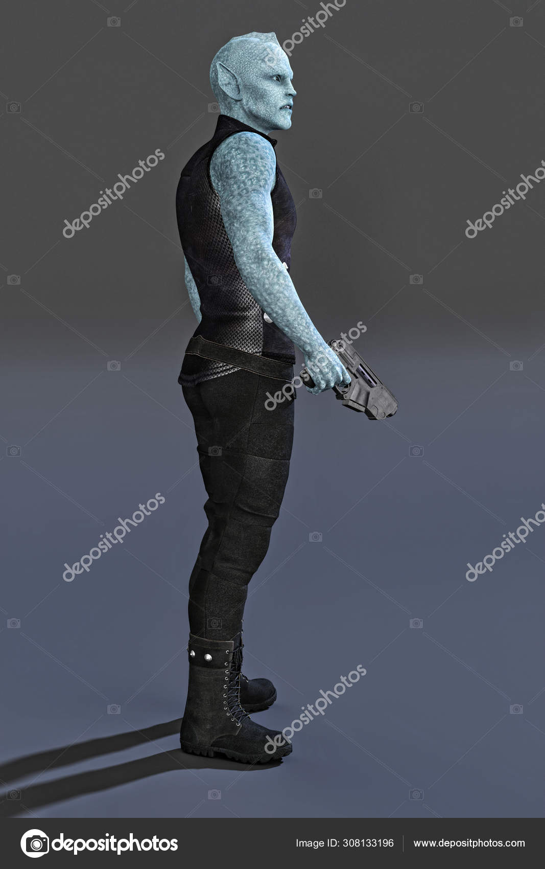 Side view render of an alien man holding a space weapon — Stock Photo ...