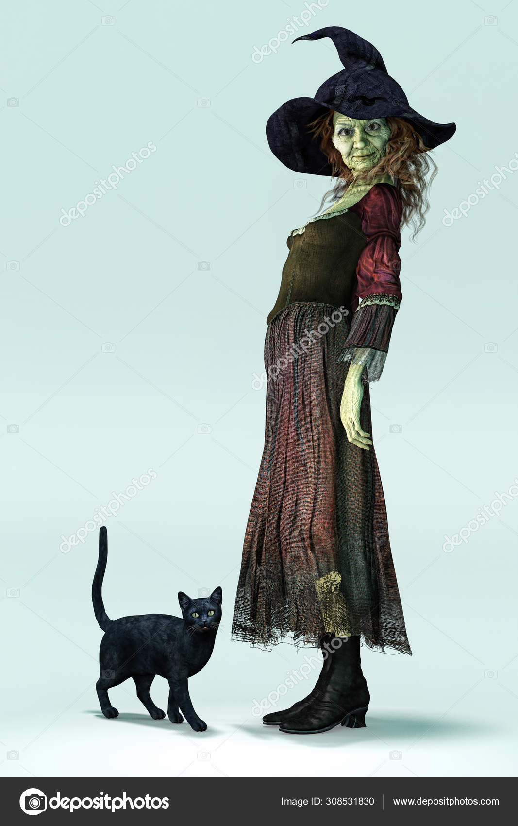 Isolated side view of a traditional witch and her black cat Stock Photo ...