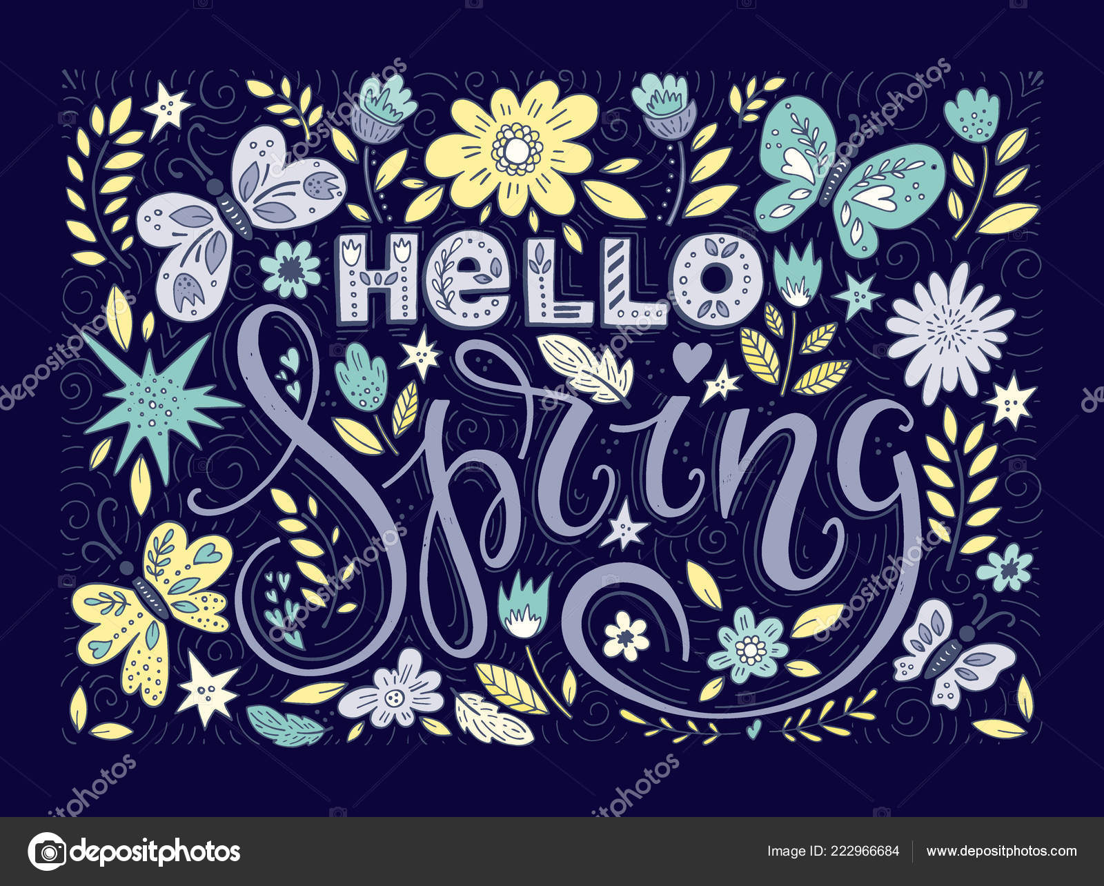 Vector Hello Spring Flowers Butterflies Text Background Stock Vector ...