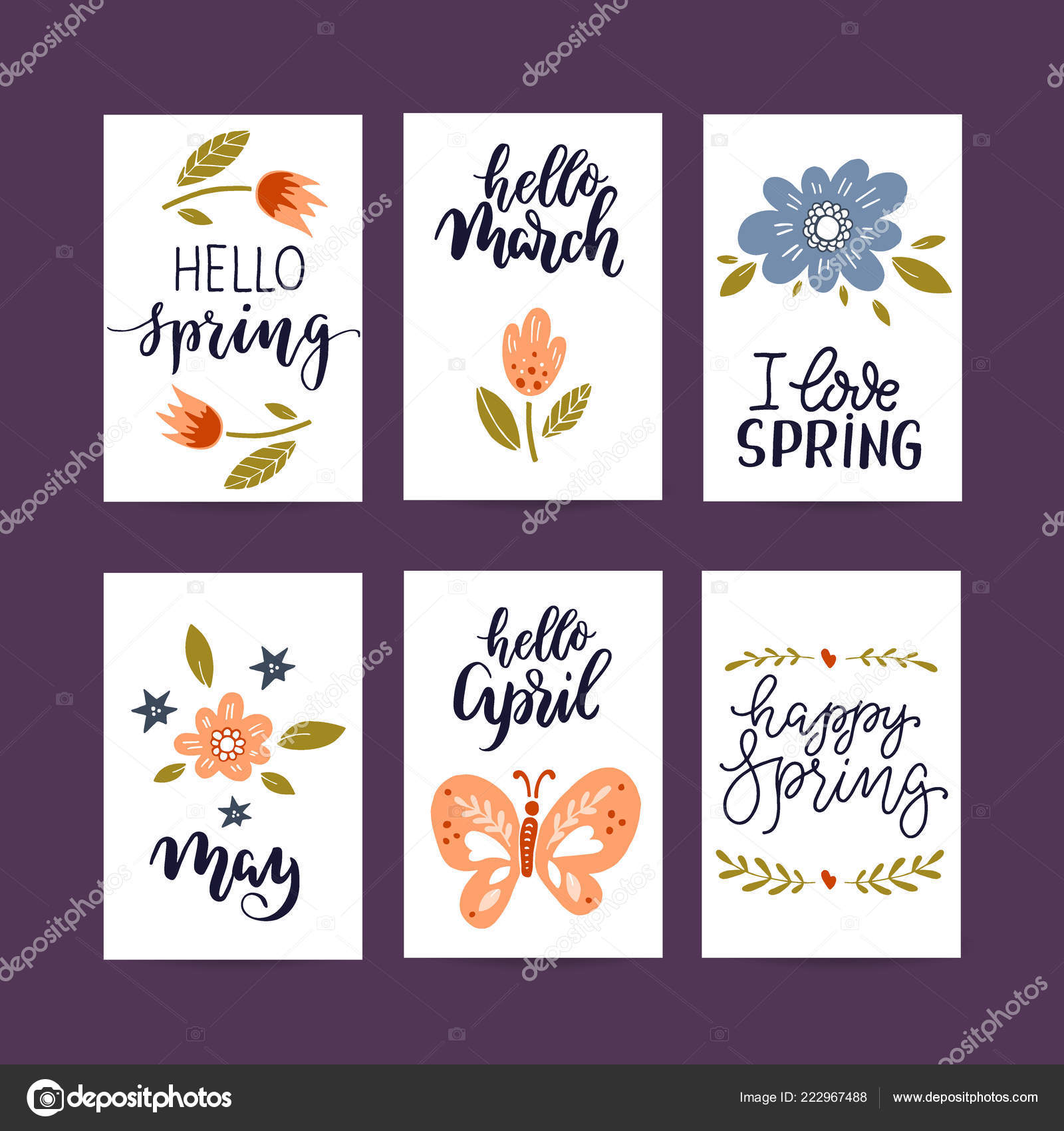 Vector Set Creative Spring Cards Hand Drawn Flowers Butterflies ...