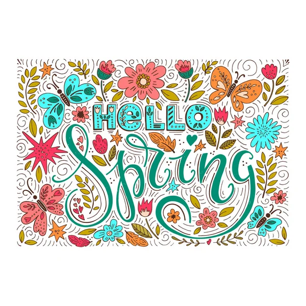 Vector Hello Spring Flowers Butterflies Text Background Stock Vector ...