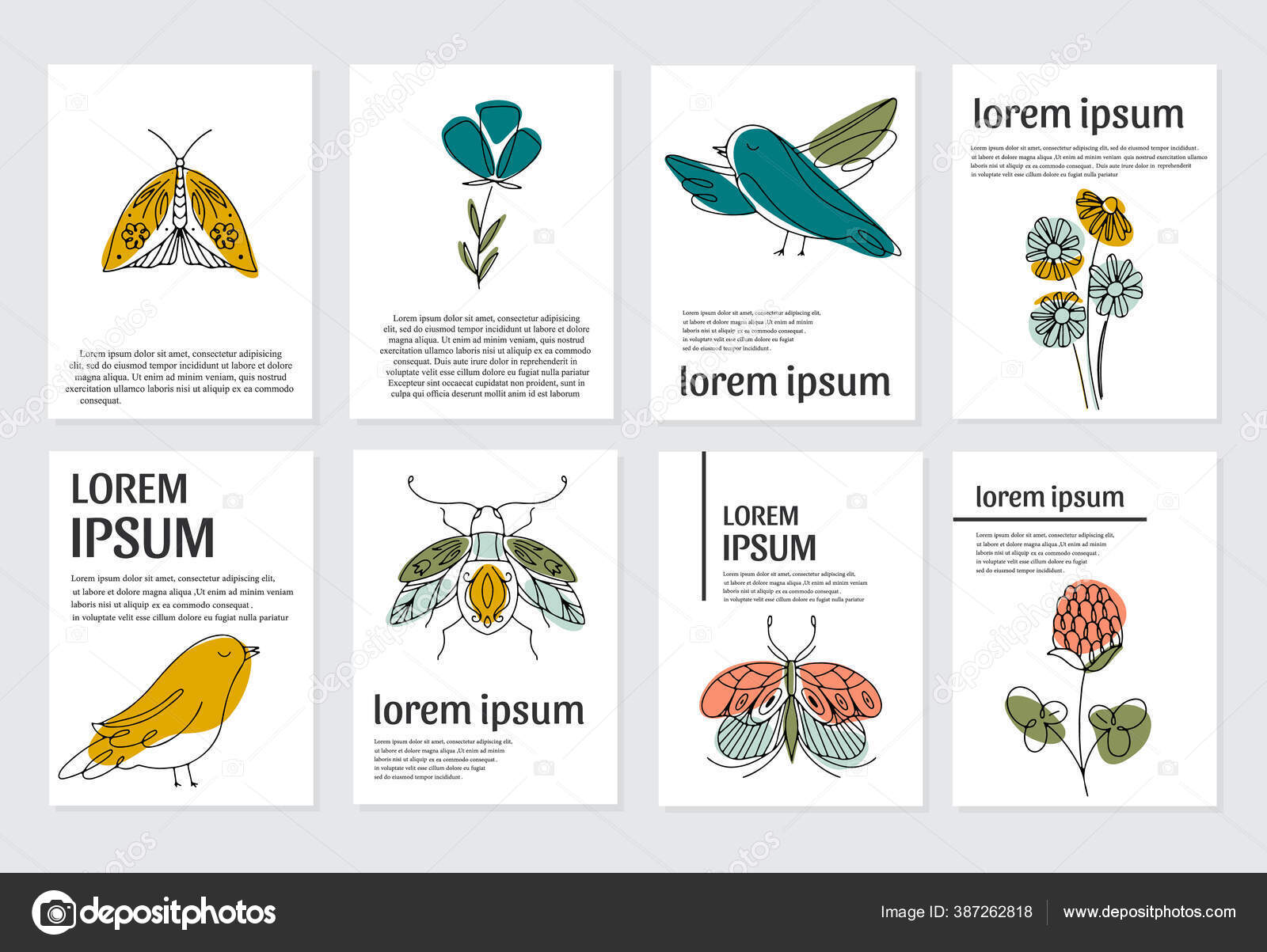 Vector Tarjetas Primavera Con Flores Insectos Pájaros Texto Arte Línea ...