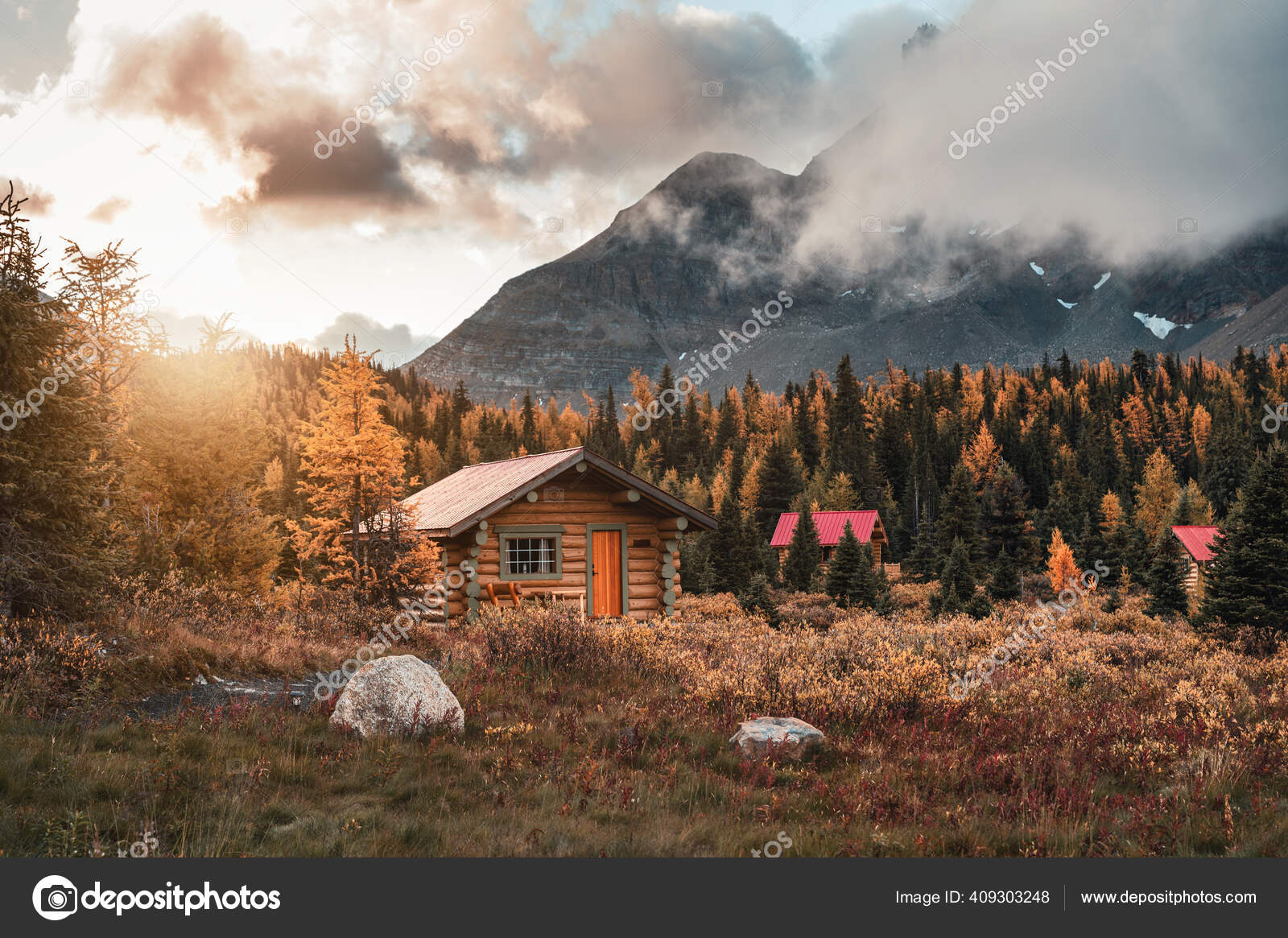 Wooden Huts Sunshine Autumn Forest Assiniboine Provincial Park Canada ...