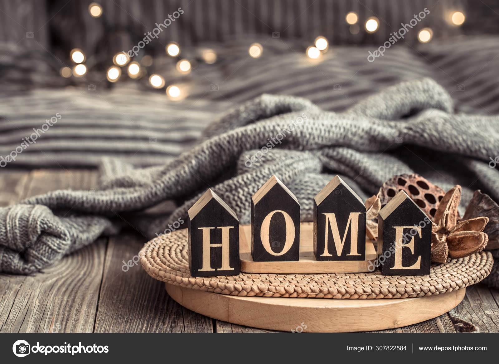 Cozy background with wooden letters with the inscription home. Stock ...