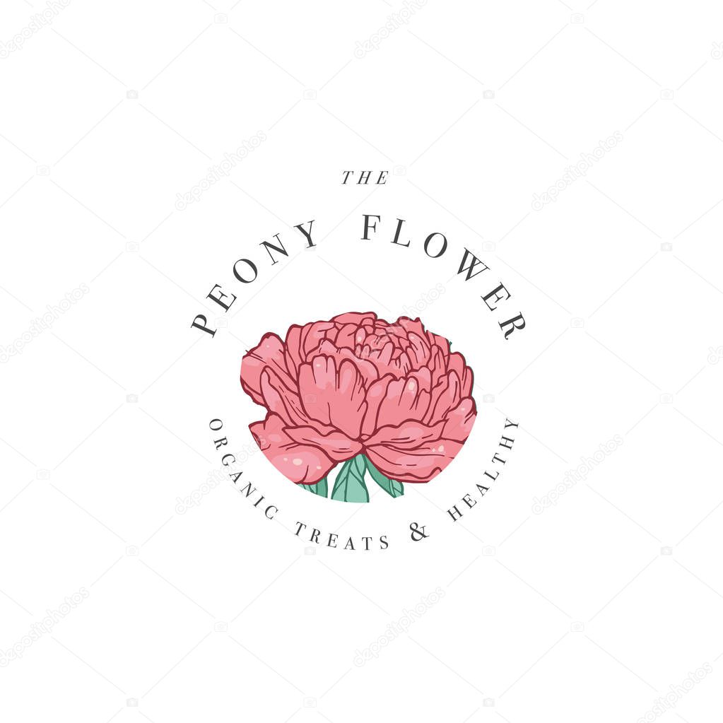 Dibuje a mano vector peonía flores logotipo ilustración. Corona de ...