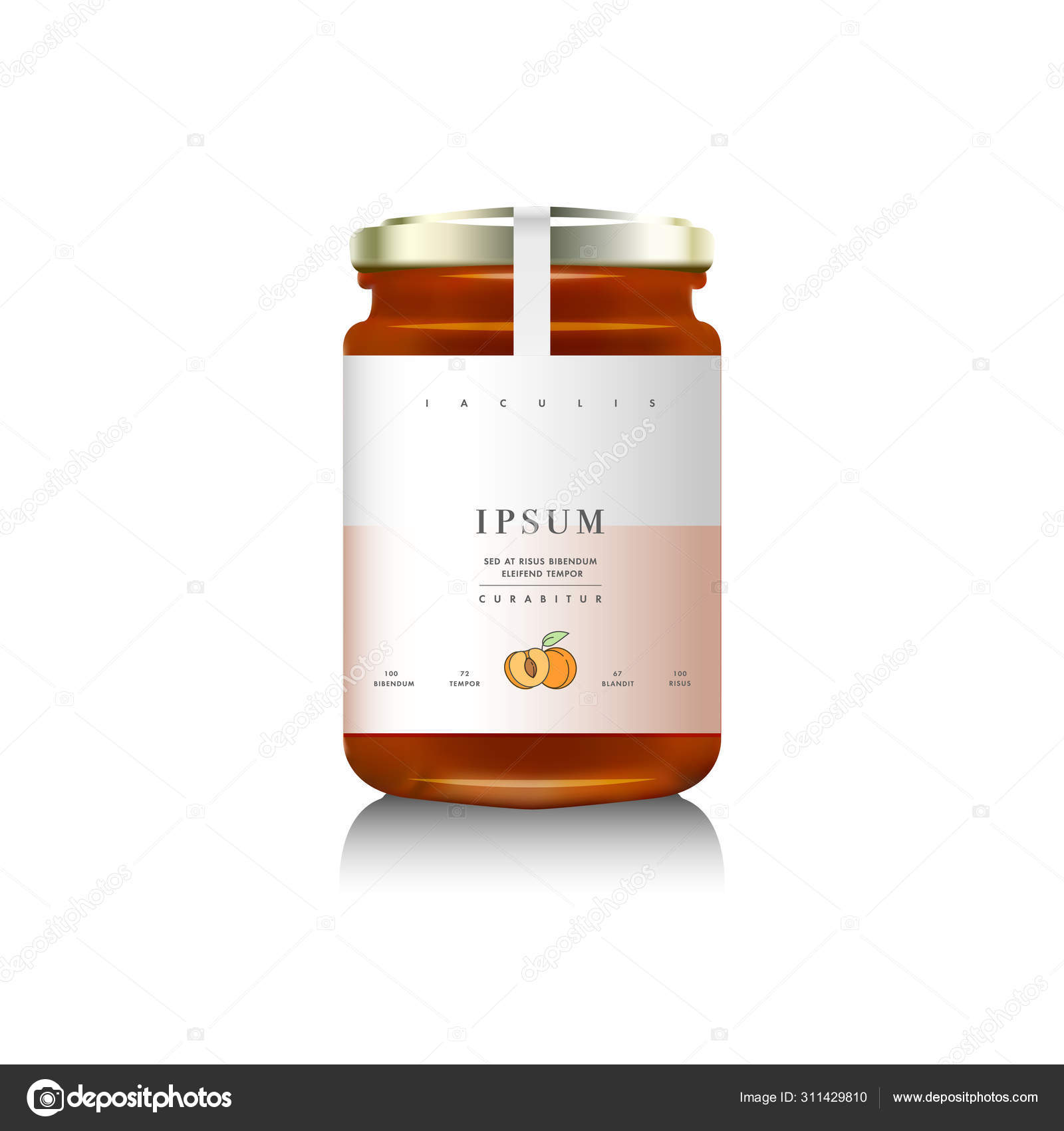 Realistic glass bottle packaging for fruit jam design. Apricot jam with ...