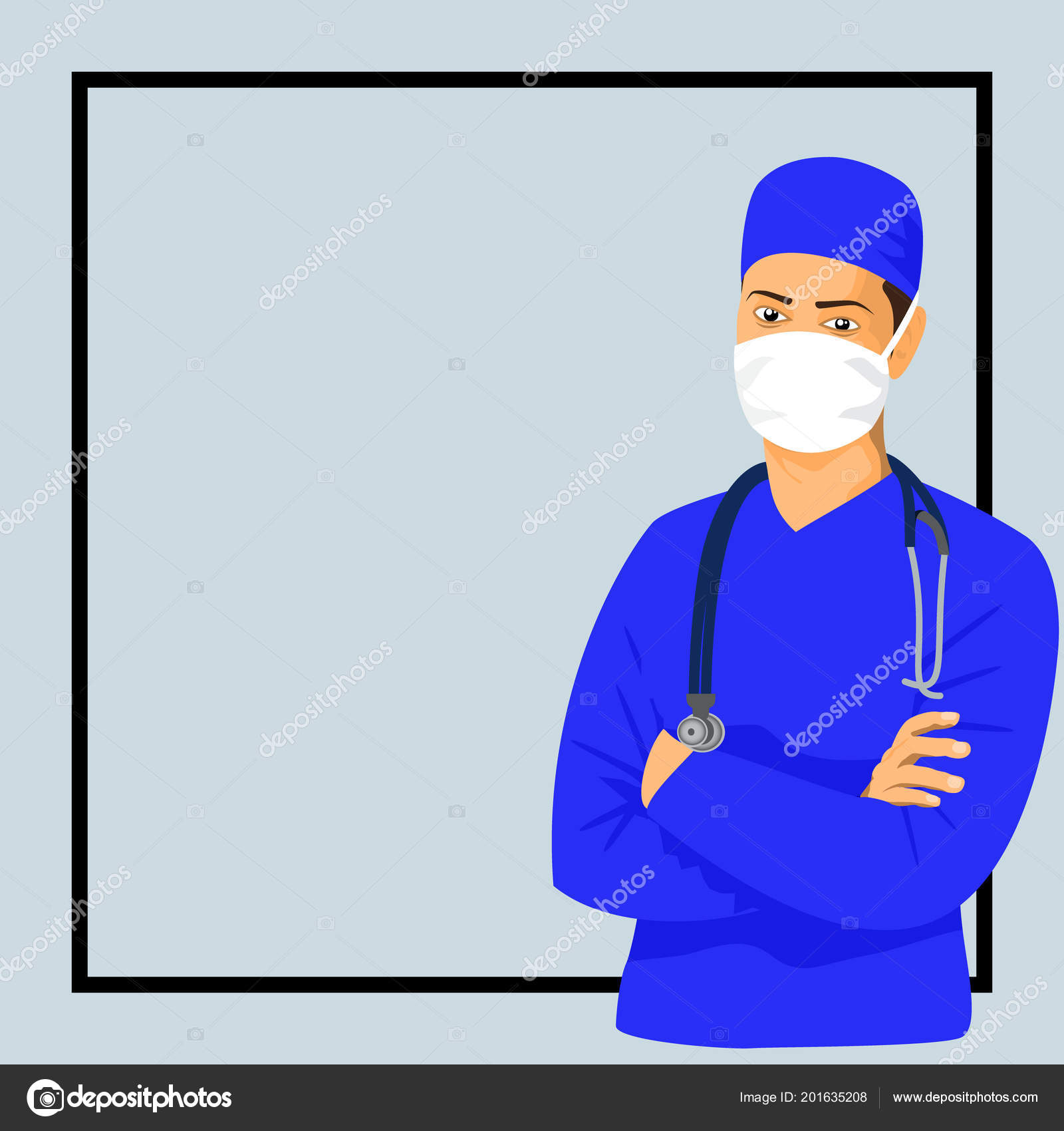 Cheerful Surgeon Standing Arms Crossed Medical Uniform Mask His Face ...
