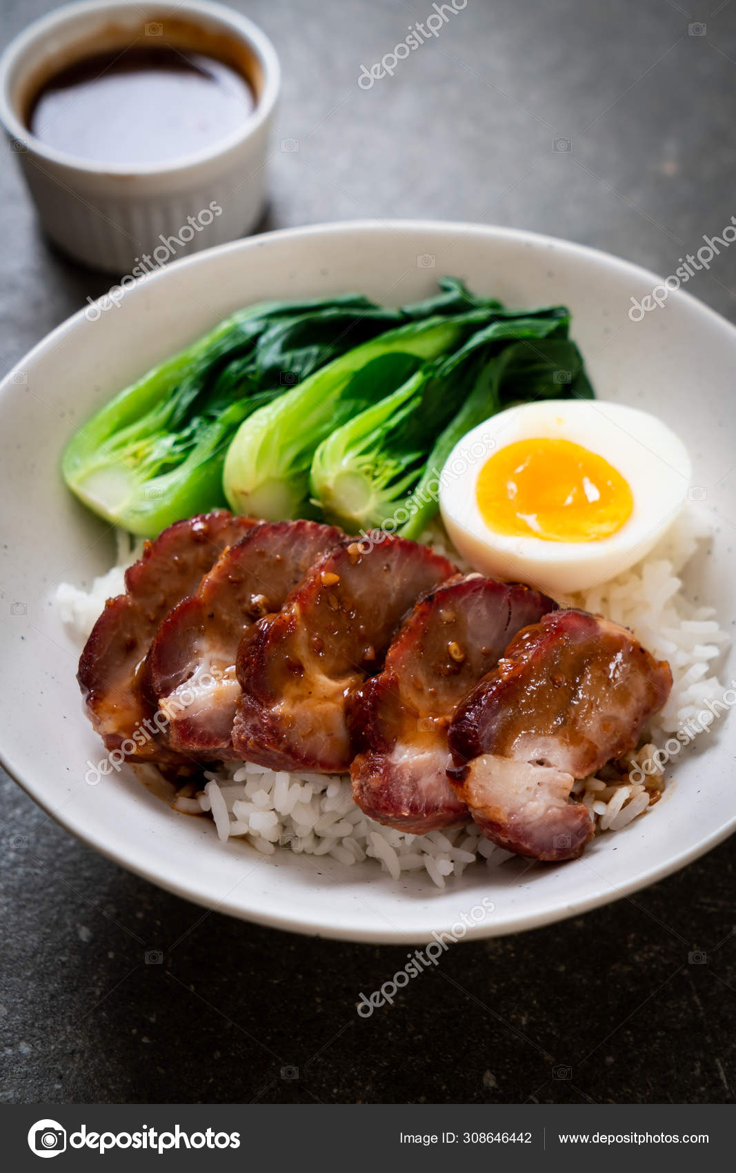 Roast barbecue red pork on topped rice — Stock Photo © topntp #308646442